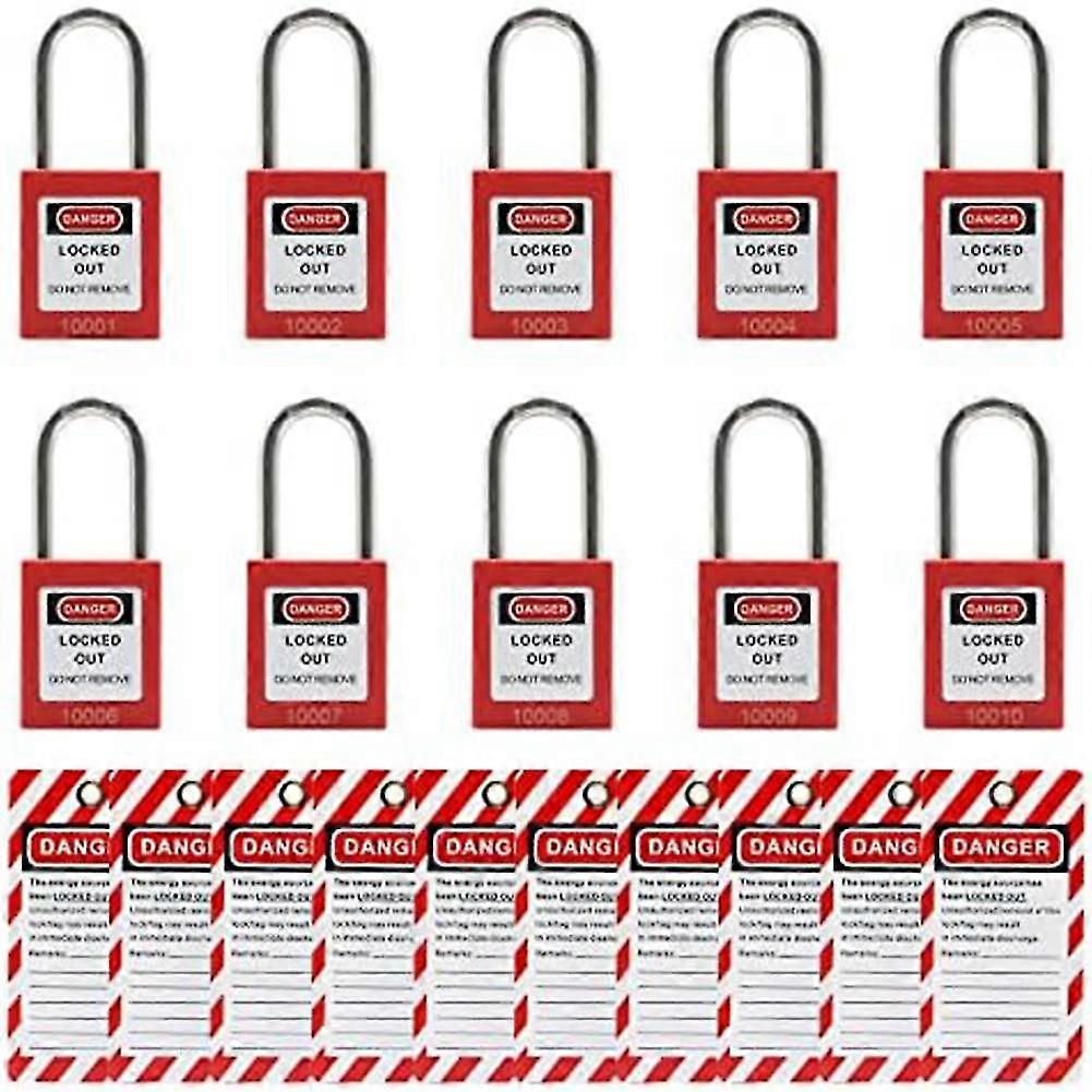 10 Red Lockout Tagout Locks with 10 Lock Out Tag Out Tags, Keyed ...