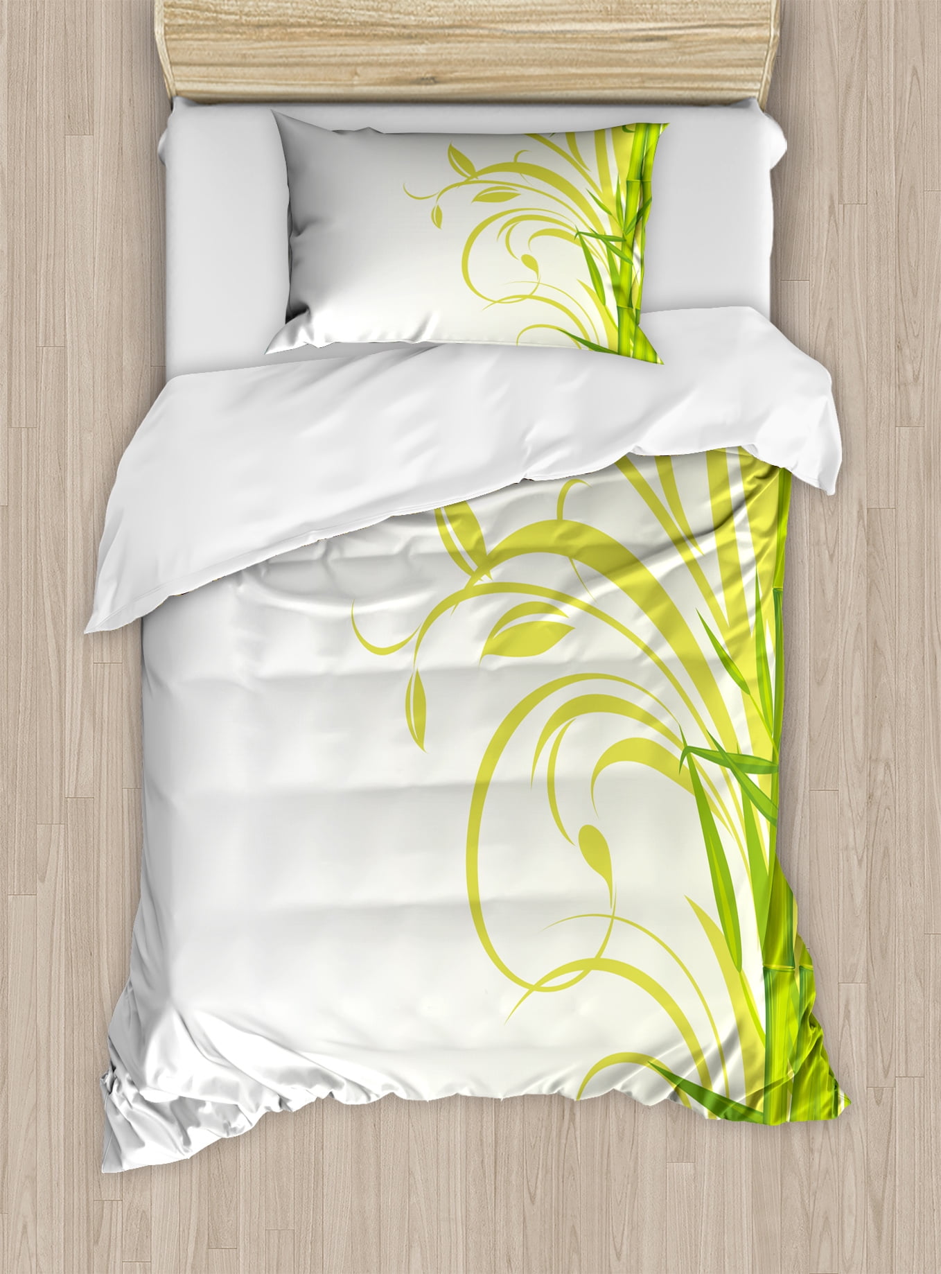 Green Twin Size Duvet Cover Set, Bamboo with Artistic Floral Curly ...