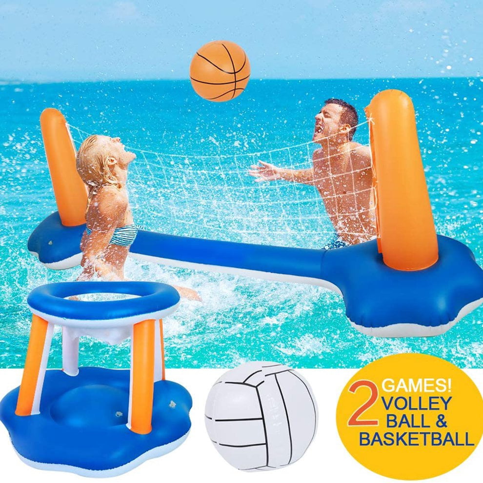 Inflatable Pool Float Set Volleyball Net And Basketball Hoops Floating ...