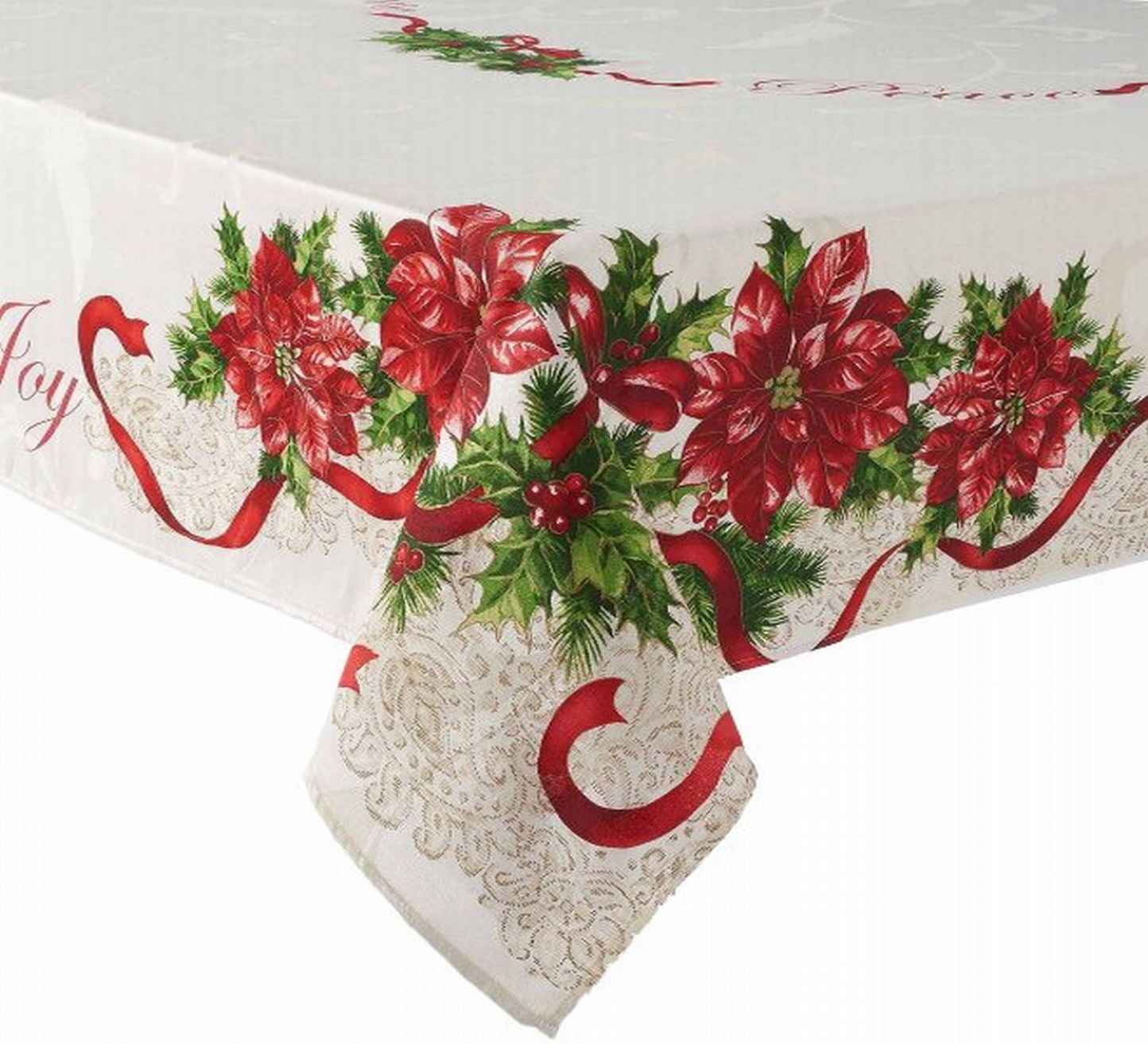 Christmas Traditions Fabric Tablecloth with Sentiments & Poinsettia ...