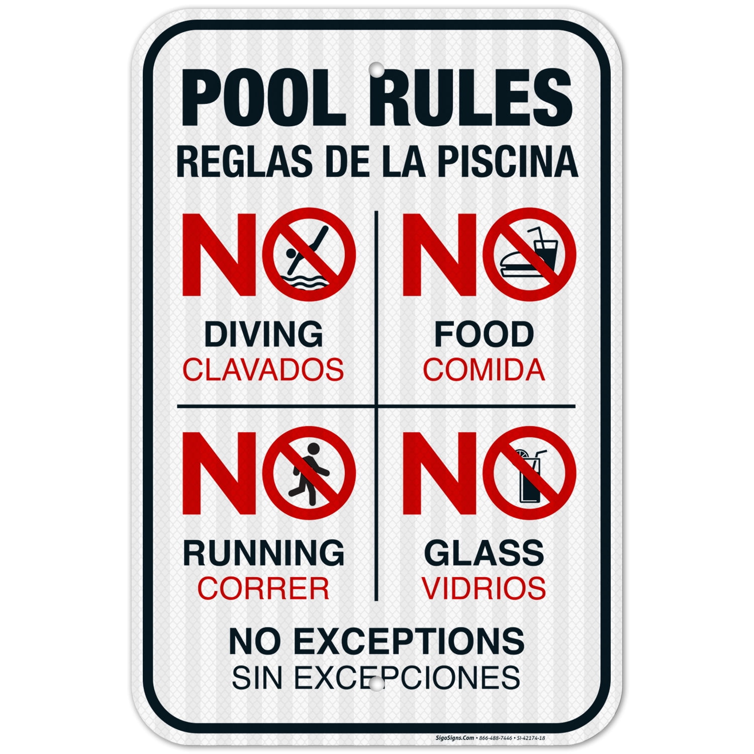 Bilingual Pool Rules Sign, No Diving No Running No Food No Glass ...