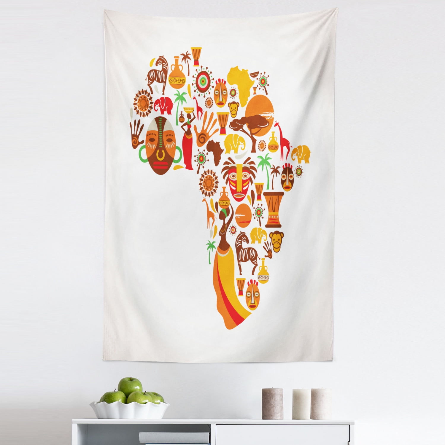 African Tapestry, Map Different Famous and Savannah Style Art, Fabric ...