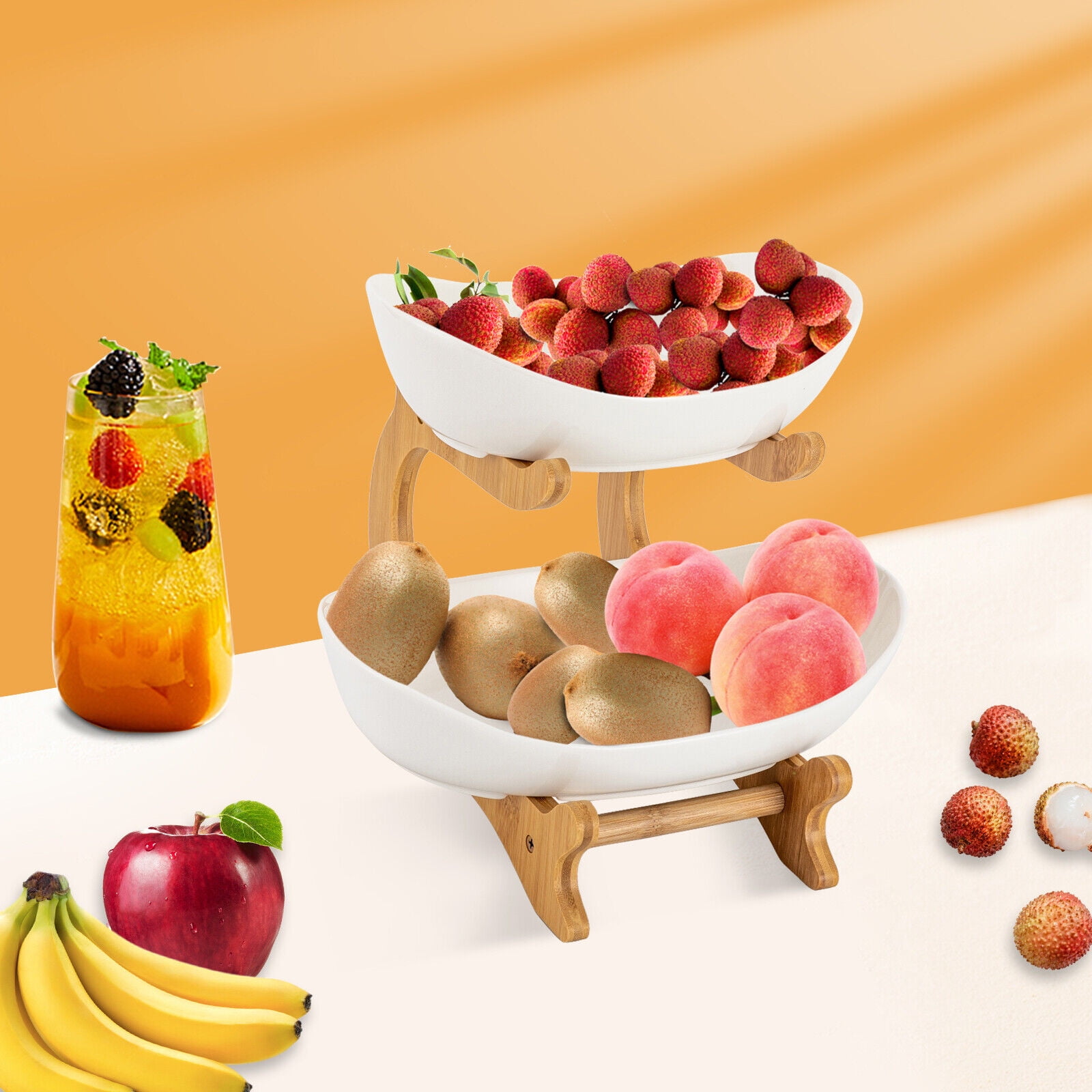 2 Tier Fruit Basket Bamboo Ceramic Fruit Storage Bowl Kitchen Snack ...