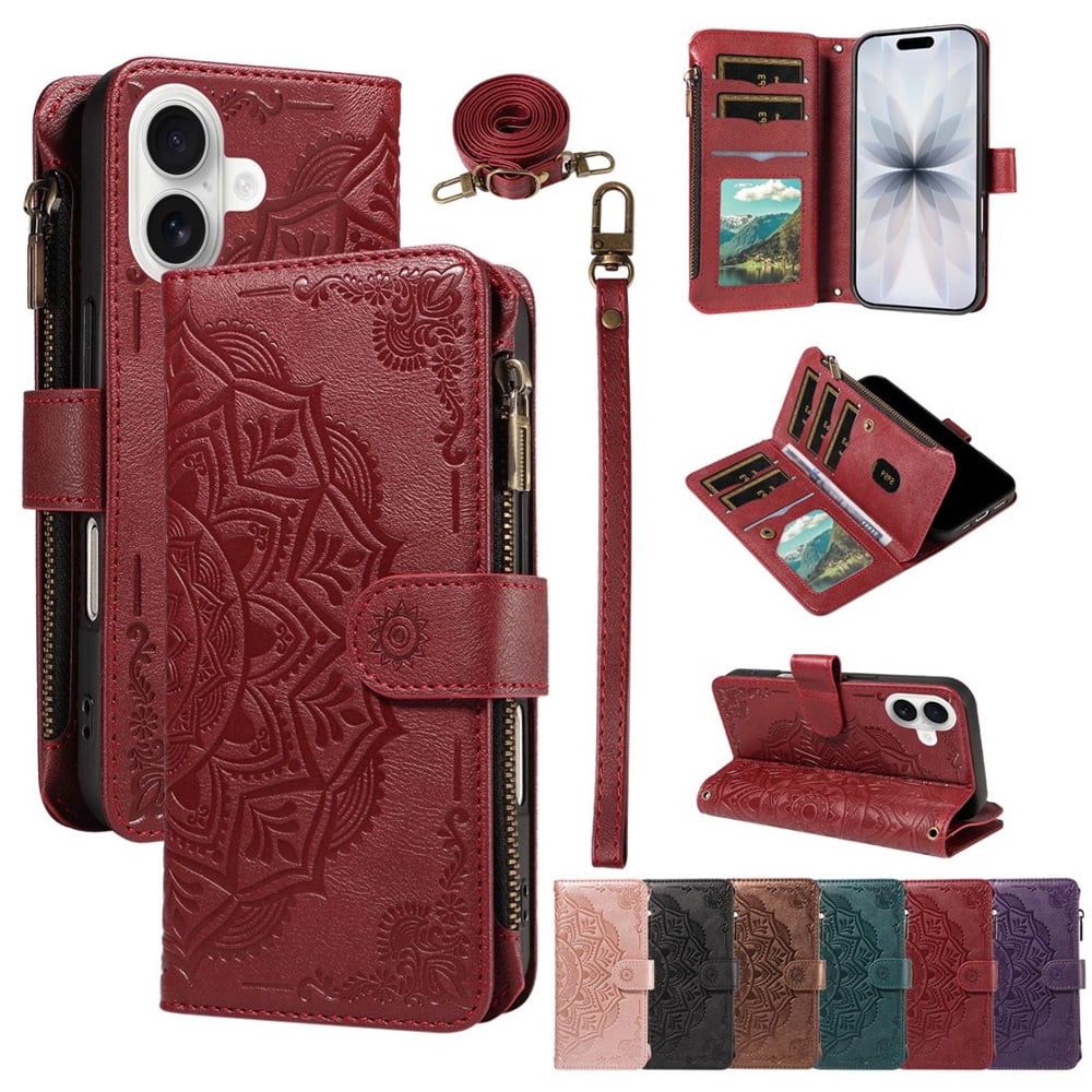 For iPhone 16 Wallet Case, 9 Card Slots RFID Blocking Crossbody Leather ...