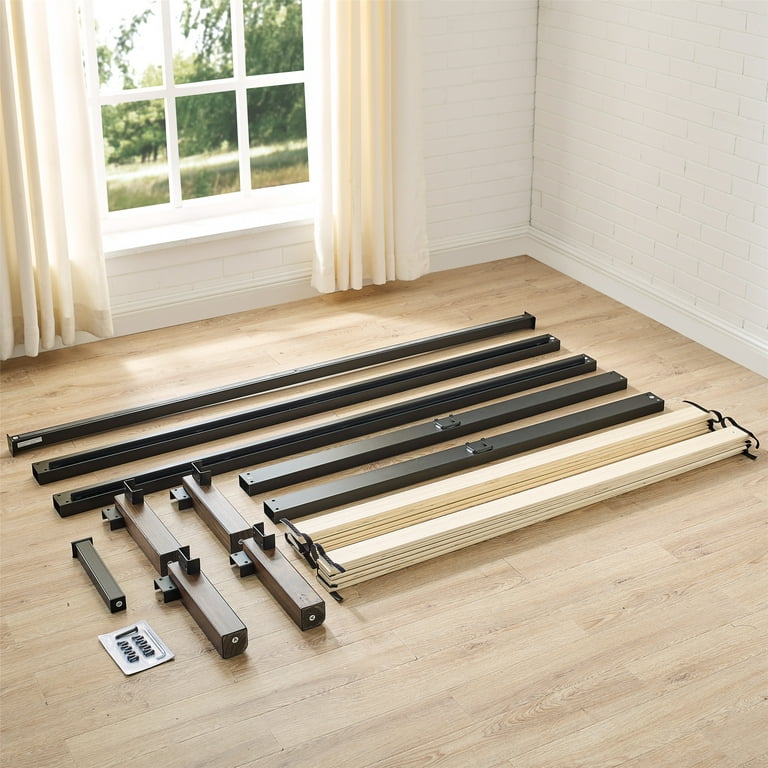 Mainstays Wood Slat Black Metal Platform Bed Frame with Wood Legs Queen