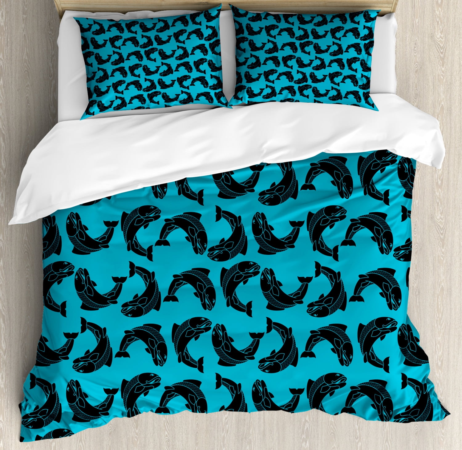 Fish Duvet Cover Set King Size, Repetitive Salmon Trout Silhouettes ...
