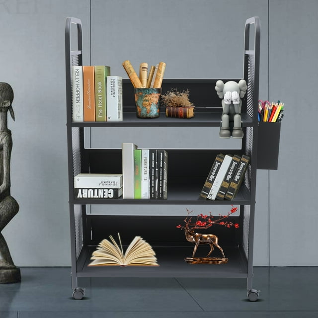 TOOL1SHOoo Rolling Book Truck Book Cart with 3 Flat Shelves, Library ...