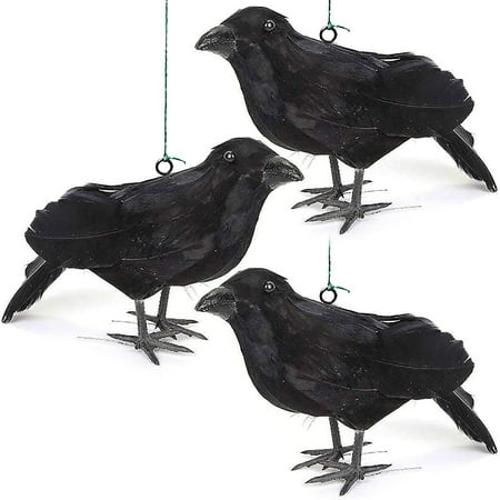 3 Pack Realistic Hanging Crows Decoy, Large Black Feathered Crow Decoys ...