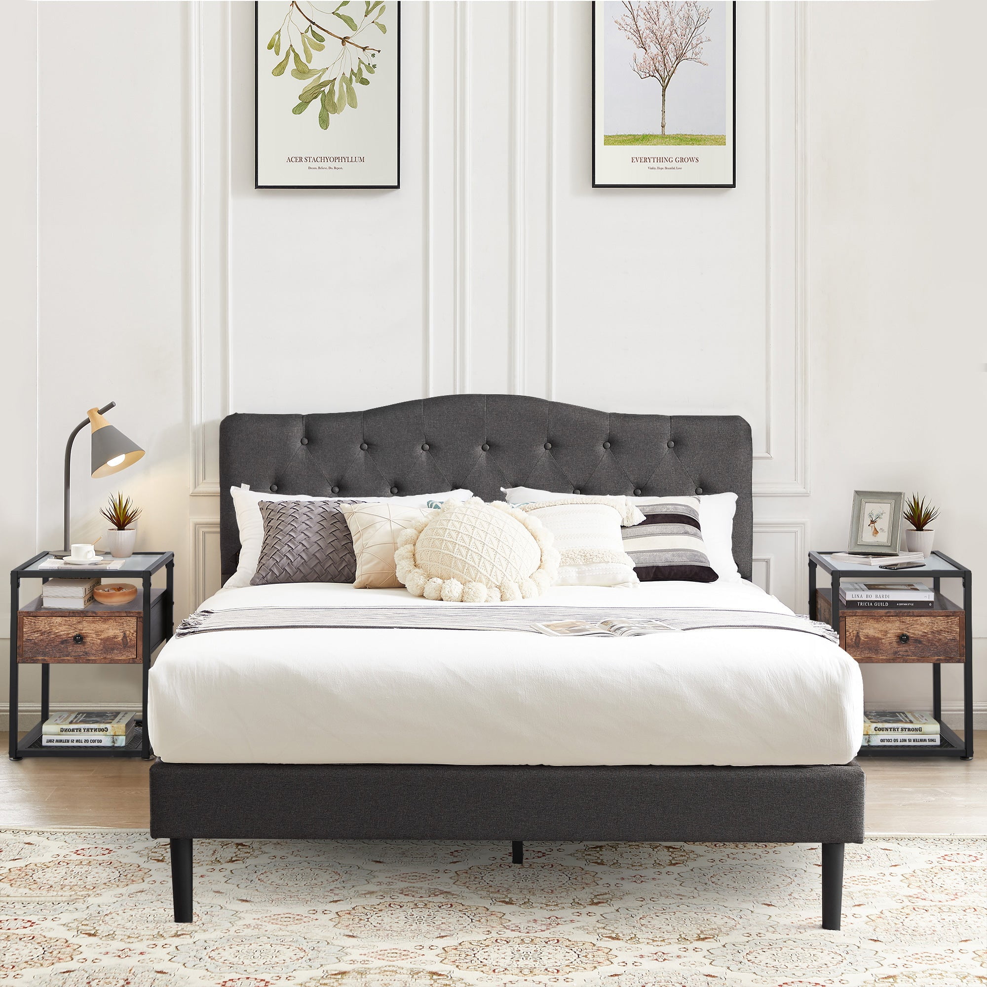 VECELO (Set of 3) Bedroom Set with Upholstered Bed Frame and Nightstand ...