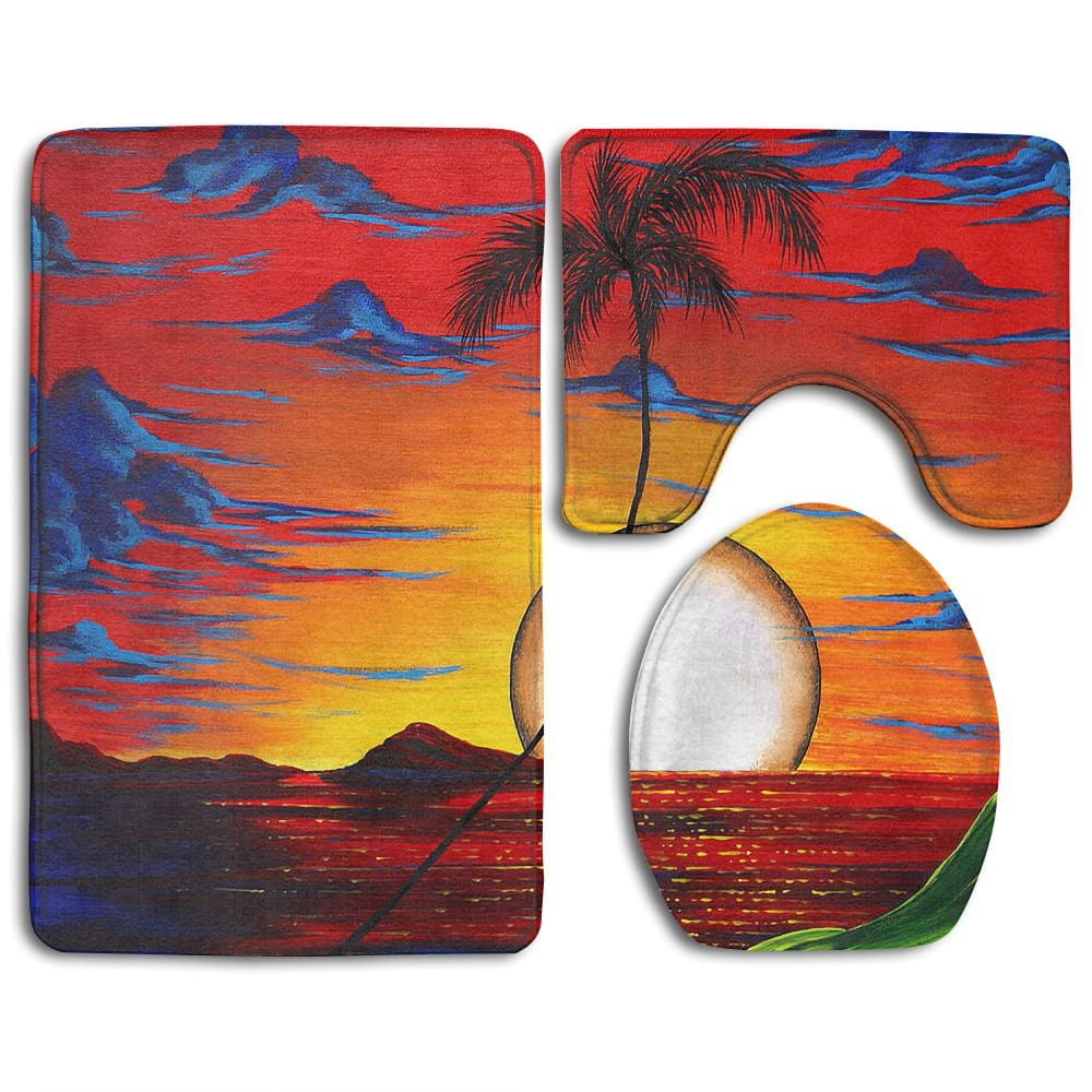 CHAPLLE Abstract Palm Tree Tropical Coastal 3 Piece Bathroom Rugs Set ...
