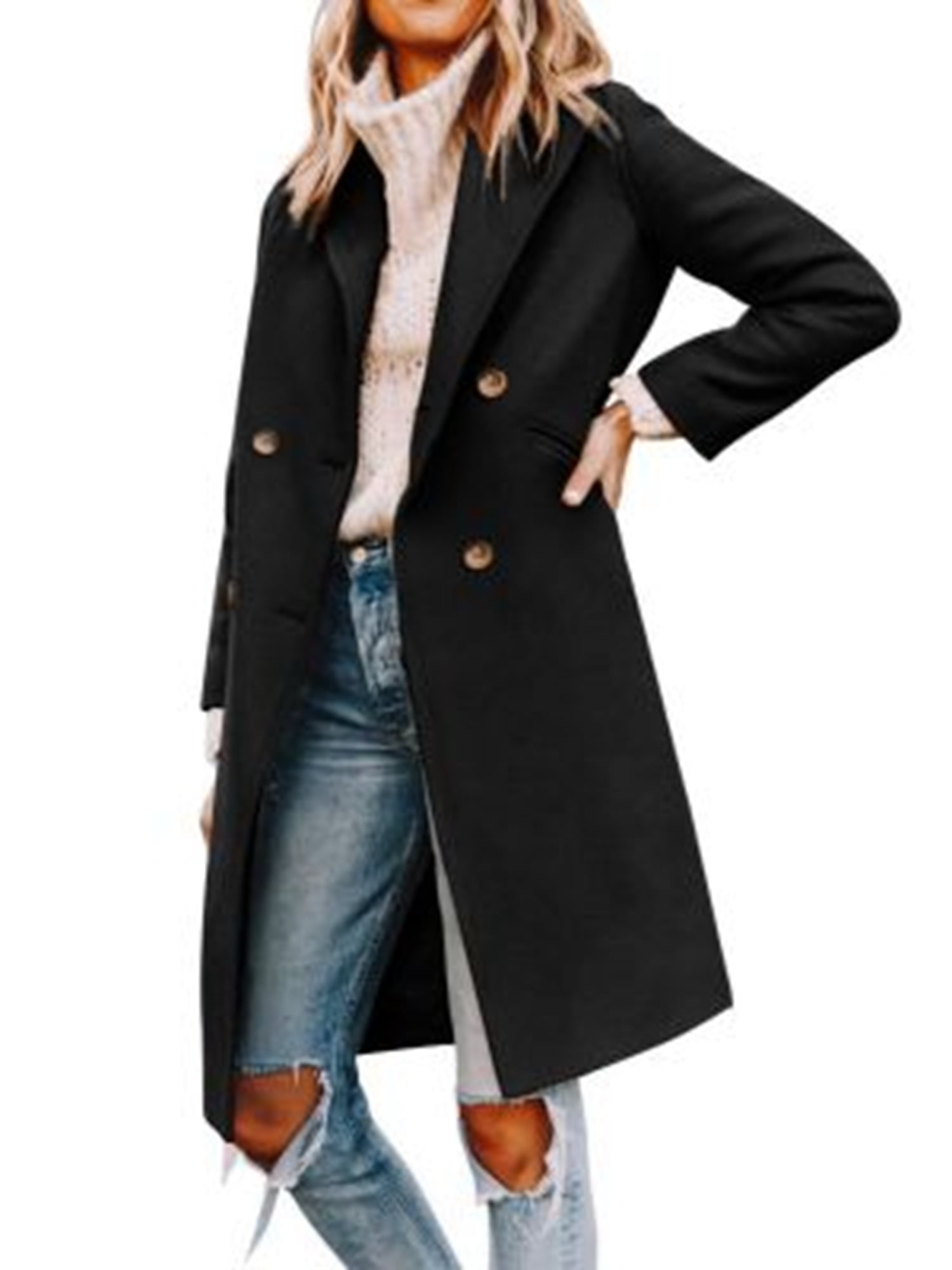 Women's fashion double-breasted pea coat with slanted lapel winter wool ...