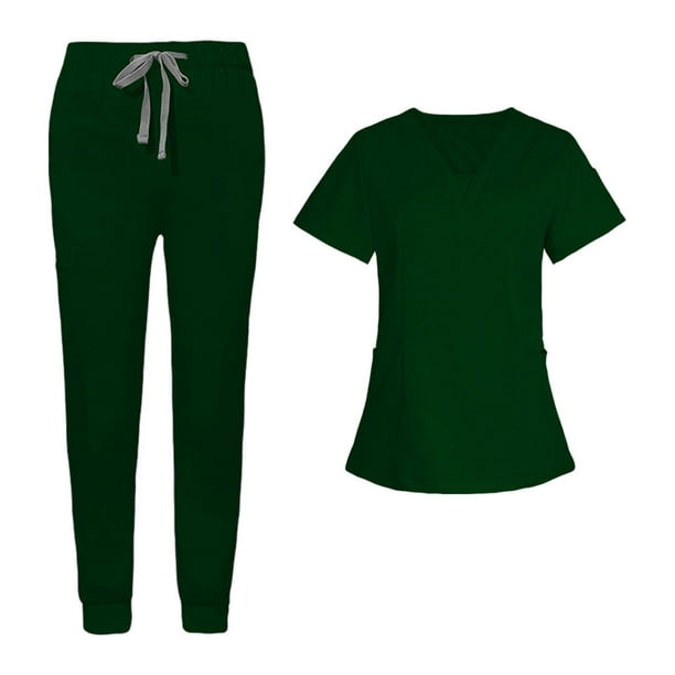 Women Nurse Work Uniforms Workwear Top and Pants Scrub Set Sturdy Green ...