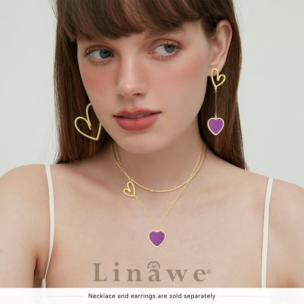 Linawe Purple Heart Gold Layered Layering Necklaces for Women Stainless Steel Chain Choker Pendant Long Necklace Set Preppy Cute Aesthetic Jewelry