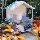Outdoor wooden bench with roof, arched pergola with storage cabinet ...