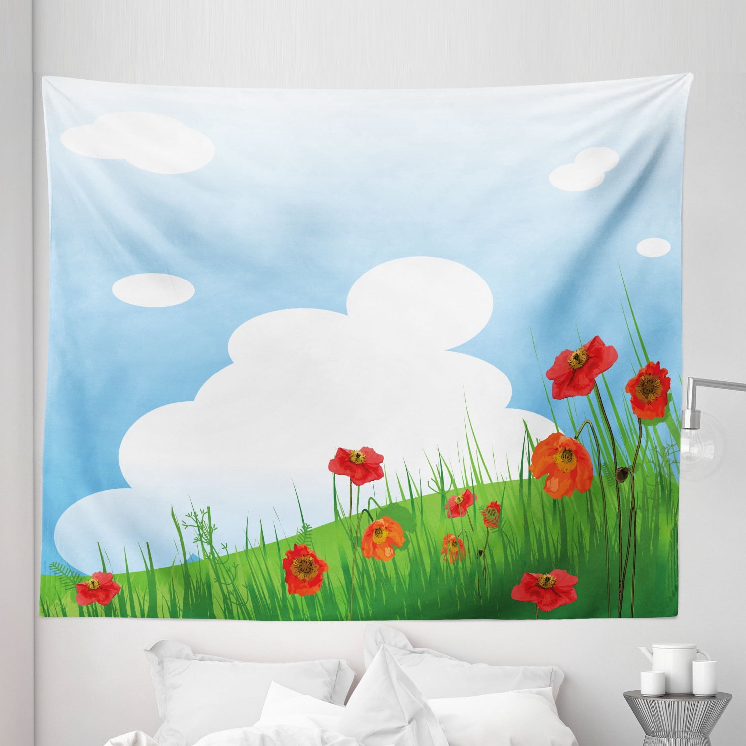 Poppy Flower Tapestry, Idyllic Grassy Field in Full Blossom Blue Sky ...