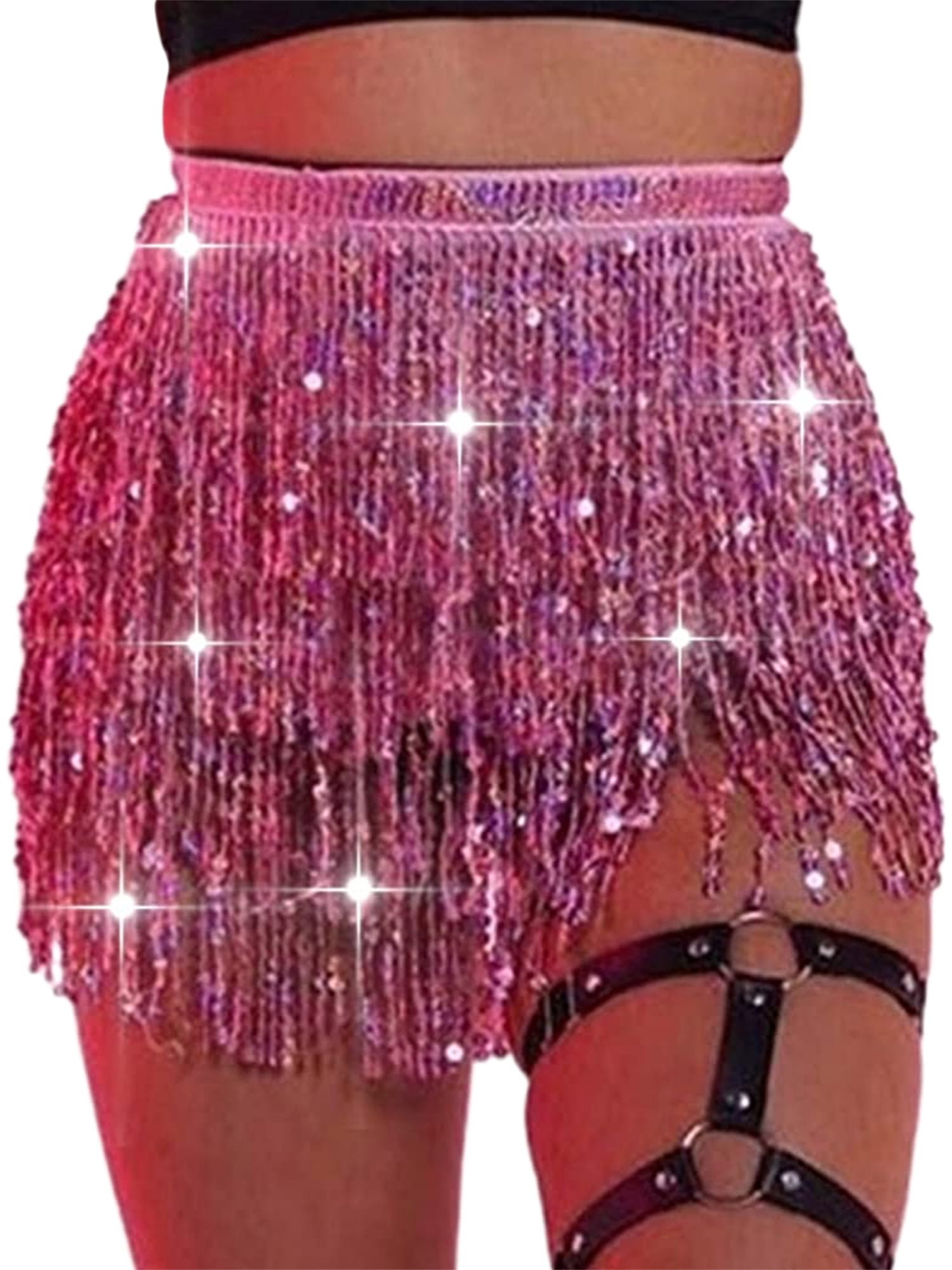 DcoolMoogl Women Belly Dance Hip Sequin Tassel Skirt Sparkly Fringe Scarf Wrap Rave Costume ...