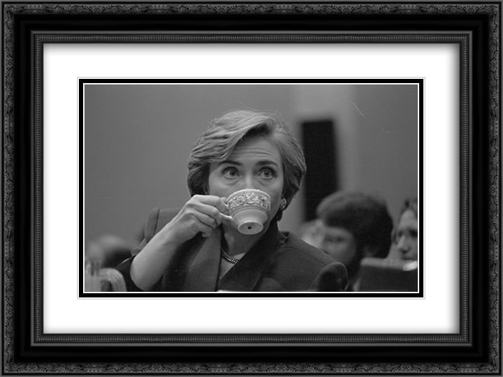 First Lady Hillary Clinton, head-and-shoulders portrait, sipping from a ...