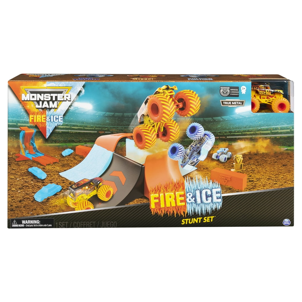 Monster Jam, Fire & Ice Stunt Set Featuring Four 1:64 Scale Die-Cast ...