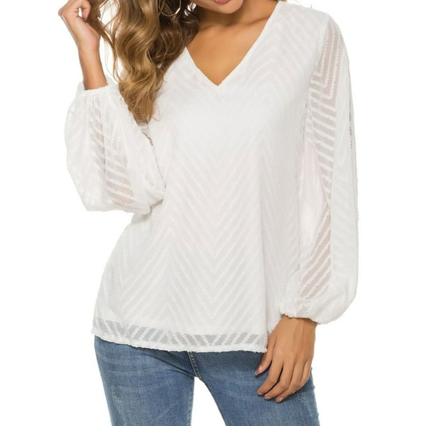 711onlinestore Women Solid Color Translucent V Neck Lantern Sleeve