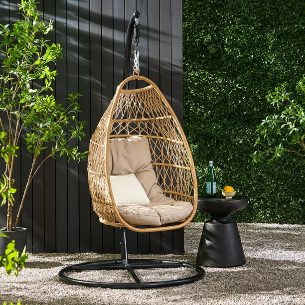Kiara Wicker and Rope Outdoor Foldable Hanging Chair with Stand, Light ...