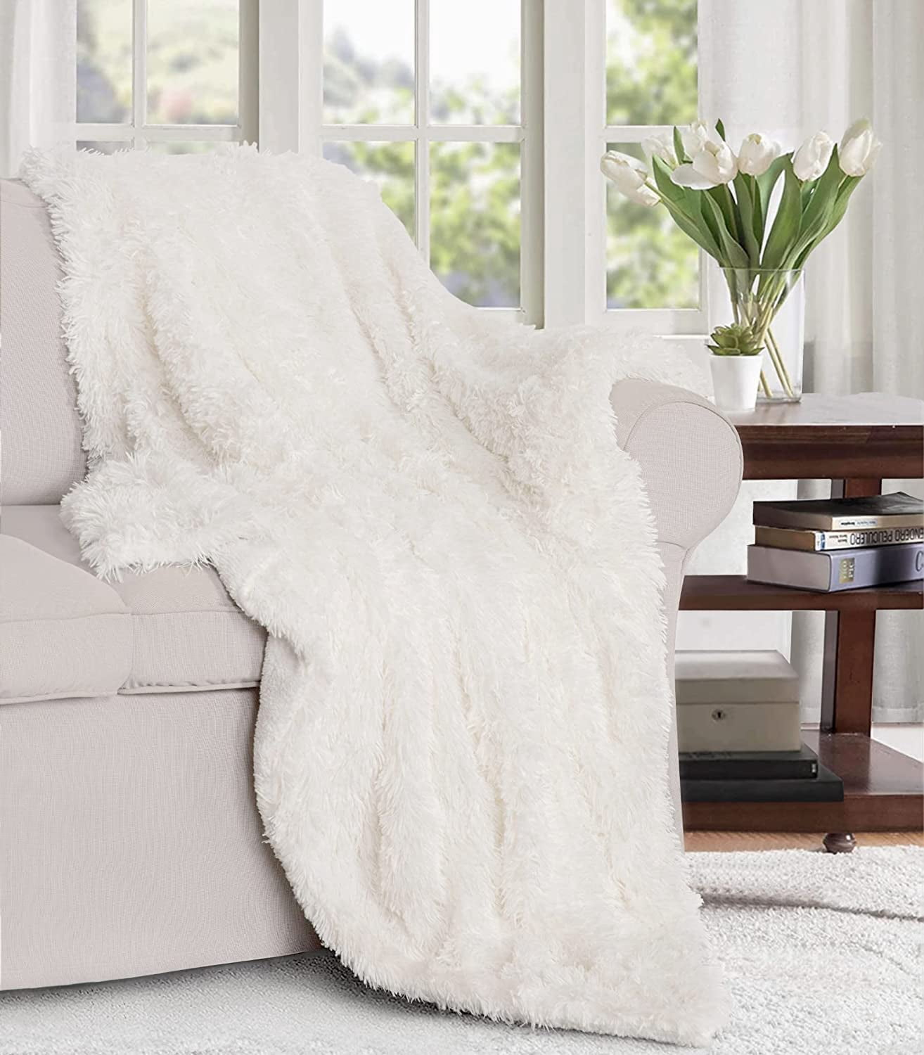 Chezmoi Collection White Long Shaggy Sherpa Throw Fluffy Faux Fur Throw ...