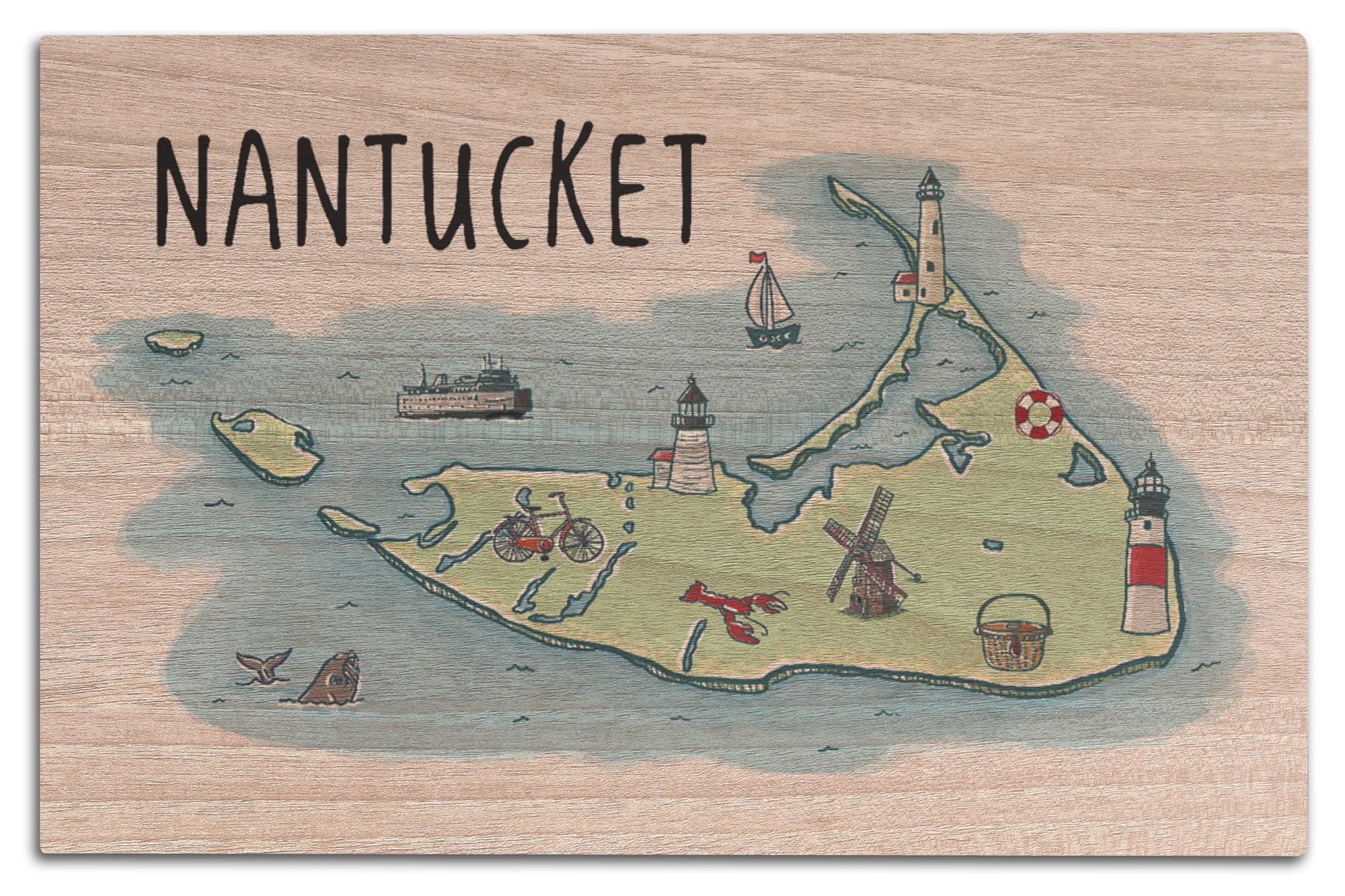 Nantucket Island, Line Drawing Birch Wood Wall Sign (12x18 Rustic Home ...