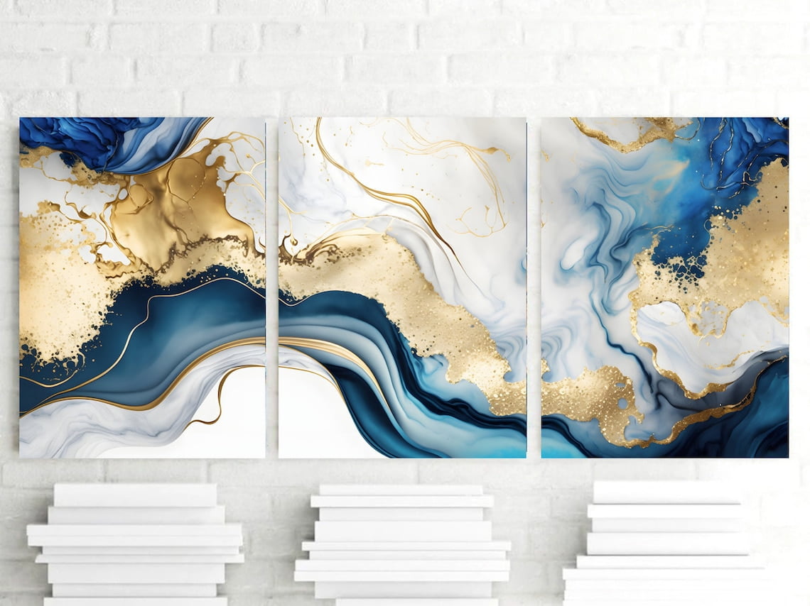 Canvas Painting 3 Pieces Navy Gold Abstract Poster Navy Gold Agate ...