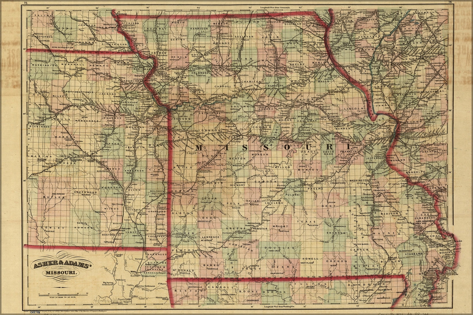 24"x36" Gallery Poster, commercial railroad map of Missouri 1872 ...