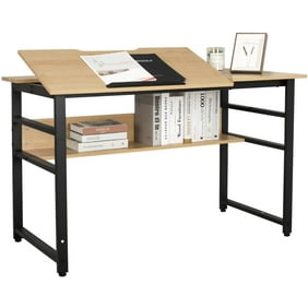 Tribesigns Two Person Desk with Storage Shelves and Tiltable Tabletop ...