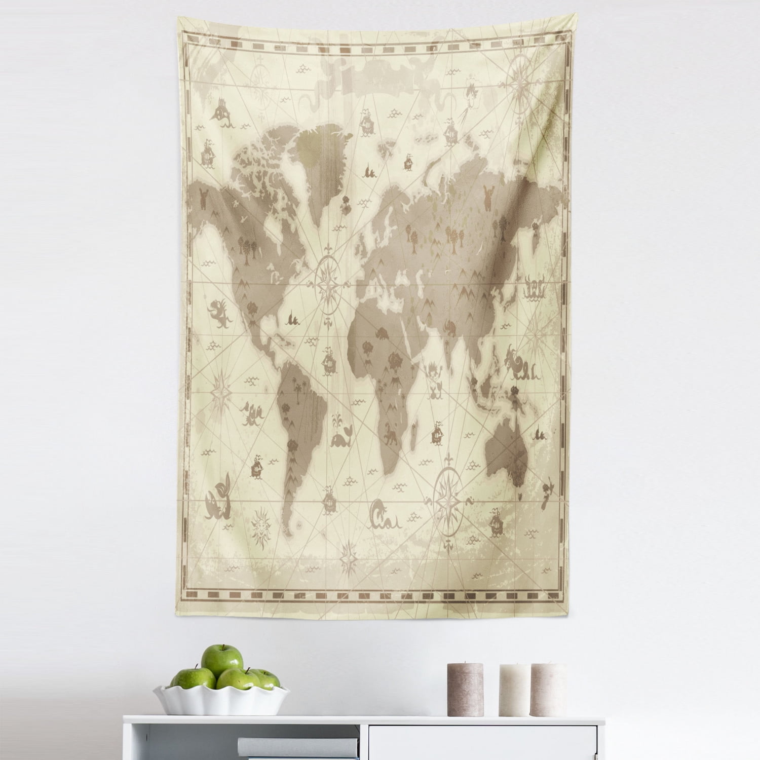 Map Tapestry, Aged Retro Styled Map of the World with Mountains Fantasy ...