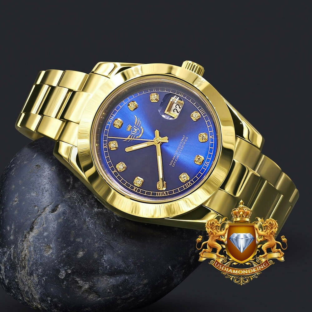Blue Red Dial Full Steel 18K Gold Tone Simulated Diamond 40mm Men's ...