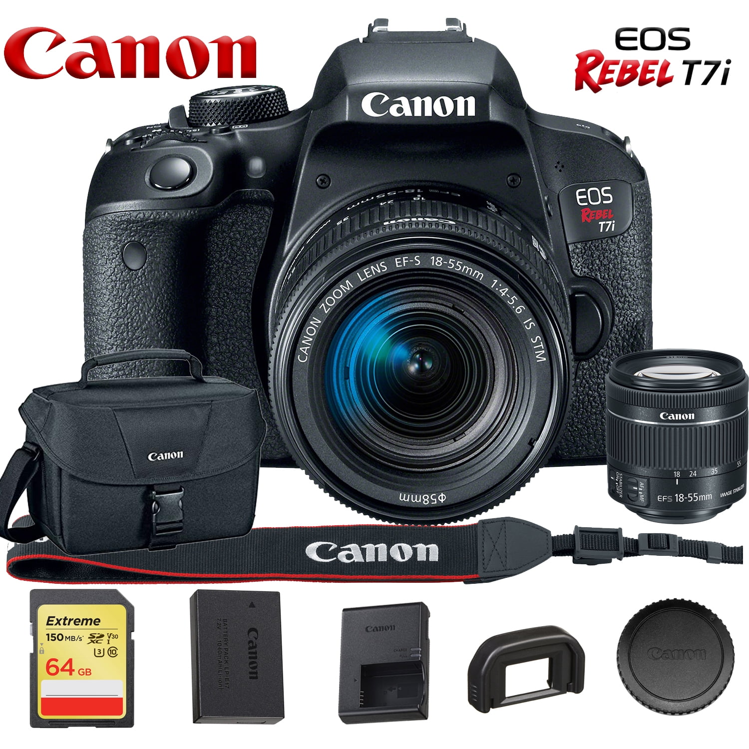 Canon EOS Rebel T7i DSLR Camera with 18-55mm Lens 1894C002, With Canon Bag, and 64GB Memory Card ...