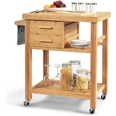 Costway Small Portable Bamboo Kitchen Trolley Cart, Movable Storage ...