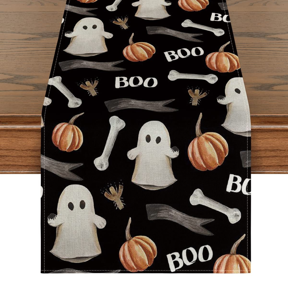Artoid Mode Watercolor Ghost Pumpkins Bone Boo Table Runner Black ...