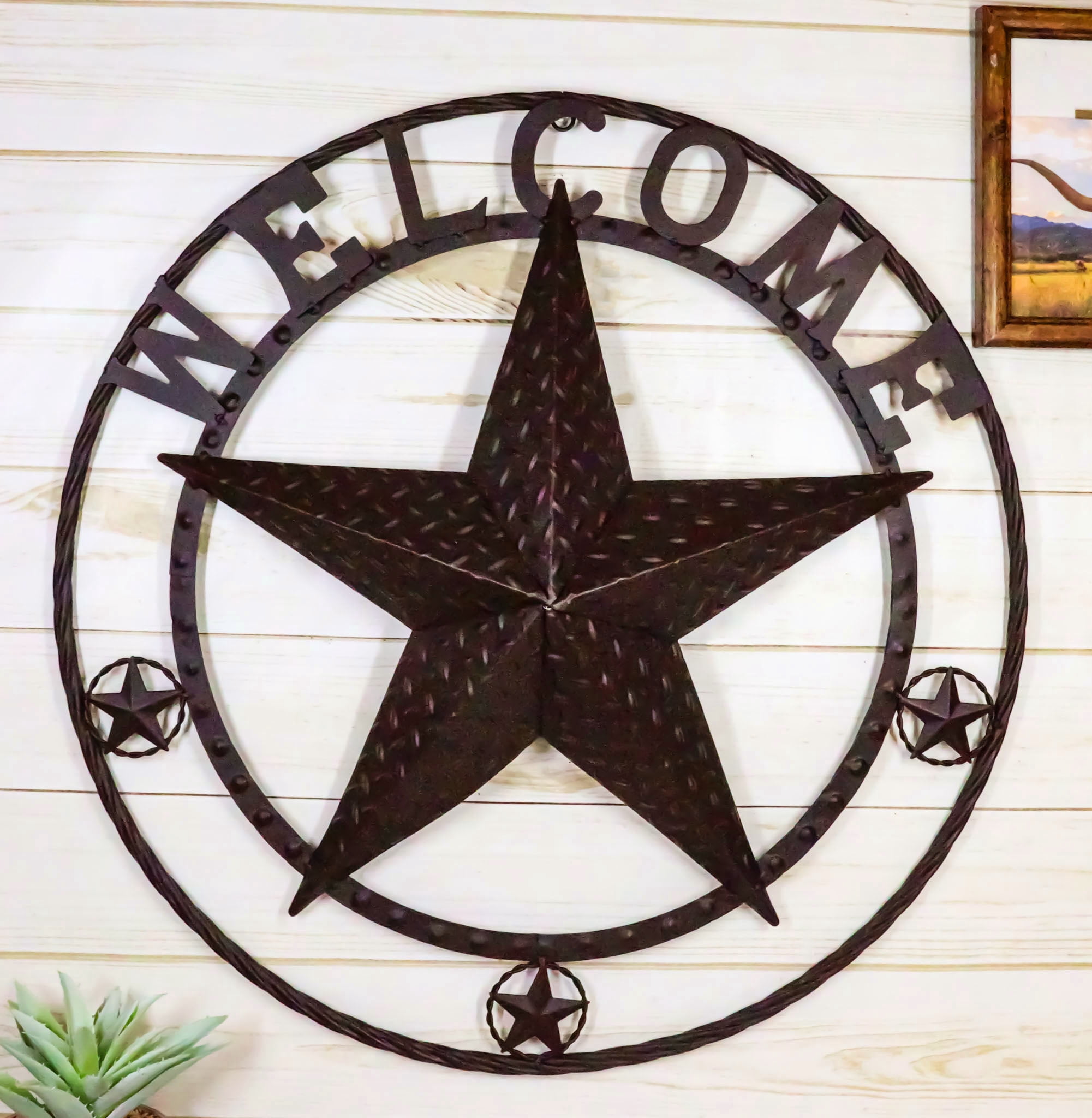 24"D Rustic Western Lone Star Welcome Metal Circle Wall Plaque Gate ...