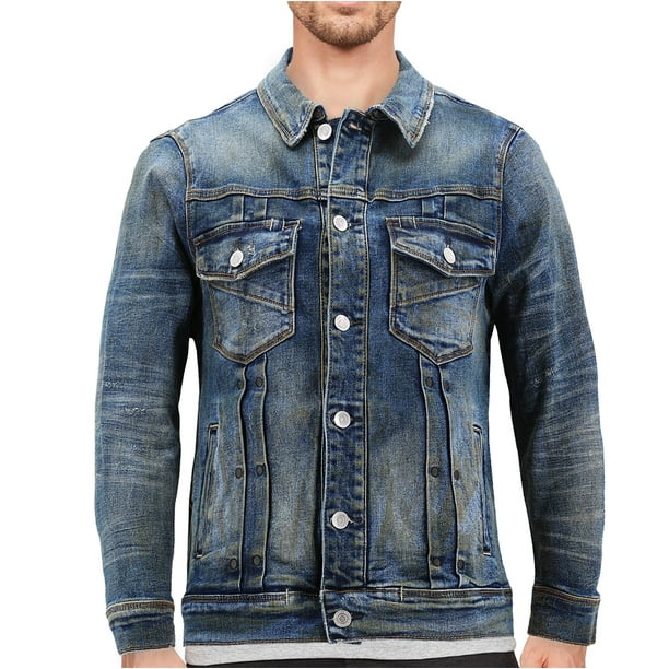 Men's Distressed Ripped Faded Wash Worn Button Up Denim Jean Trucker ...