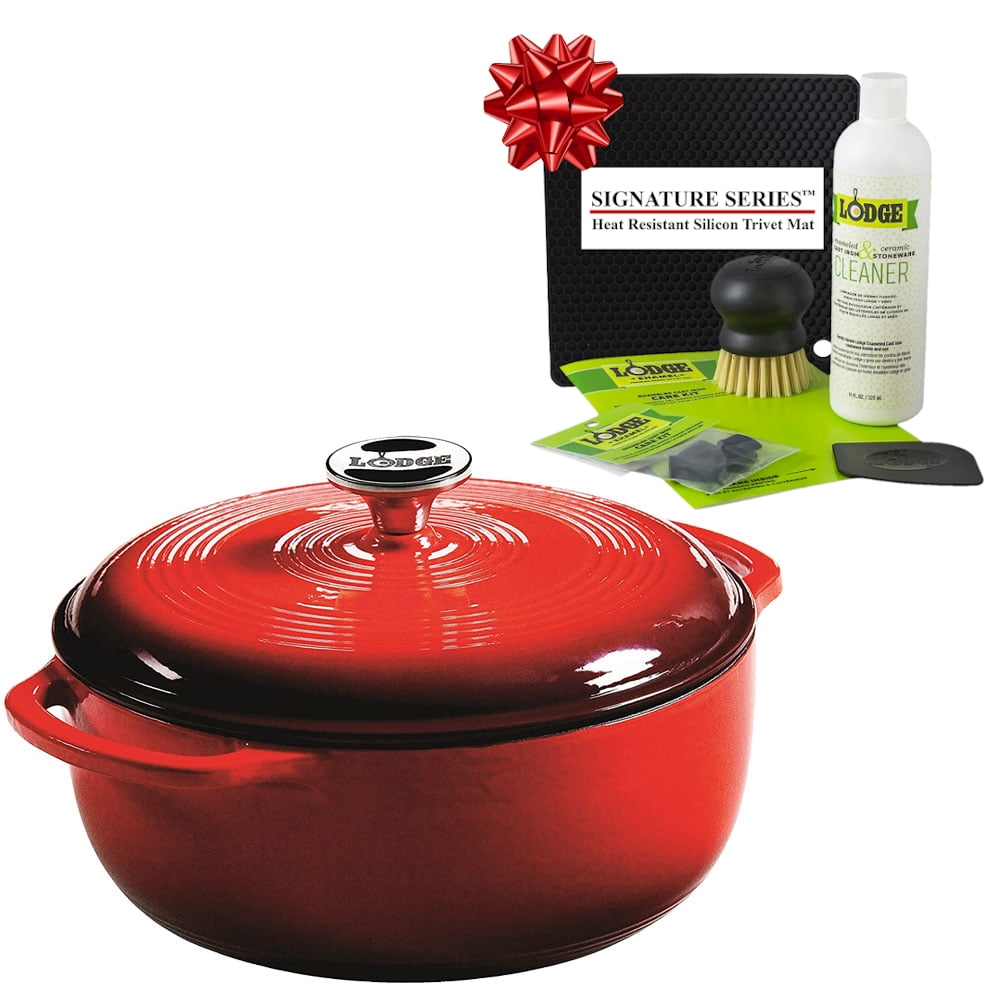Lodge Dual Handles Enameled Cast Iron Dutch Oven, Red, 4.5 Quart Bundle ...
