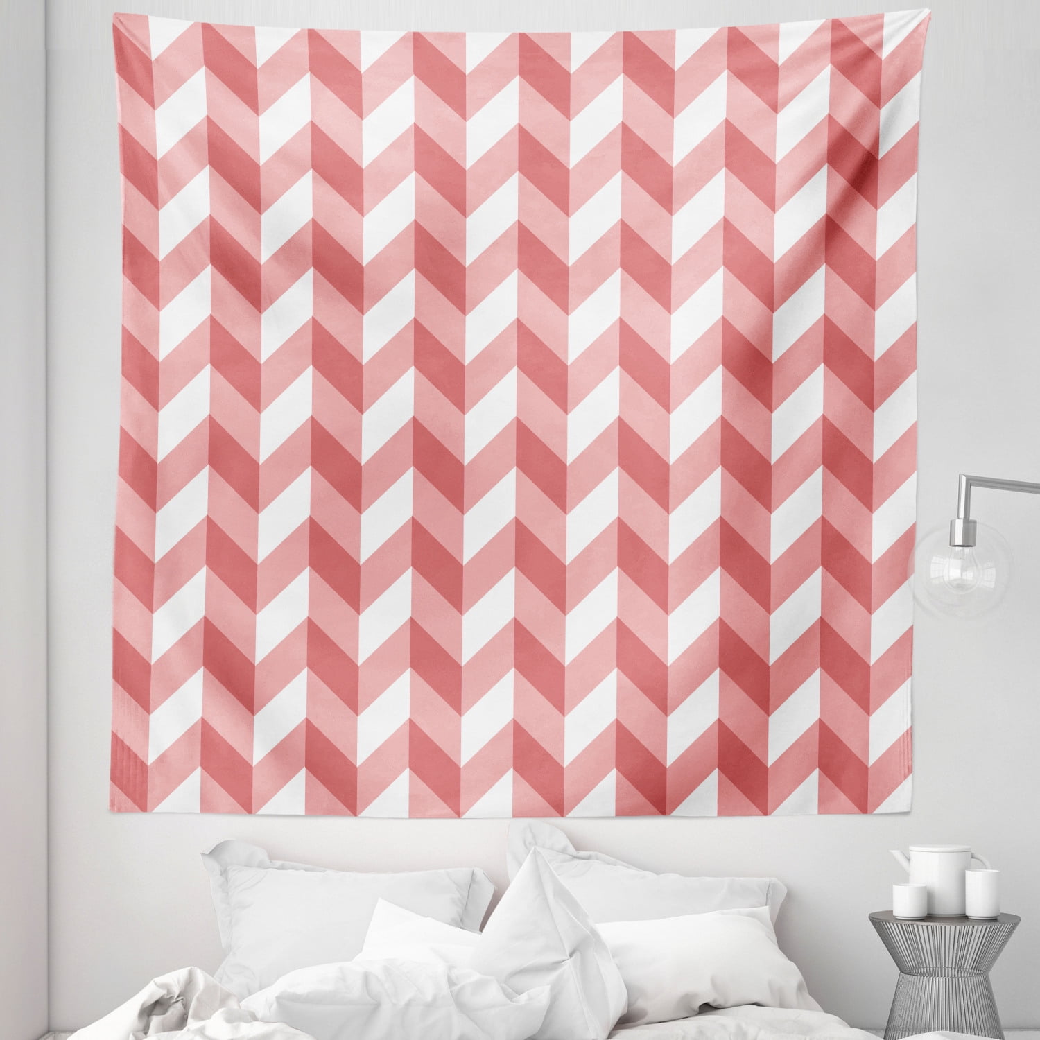 Coral Tapestry, Retro Abstract Geometric Striped Pattern with Chevron Zigzags Triangular, Fabric ...