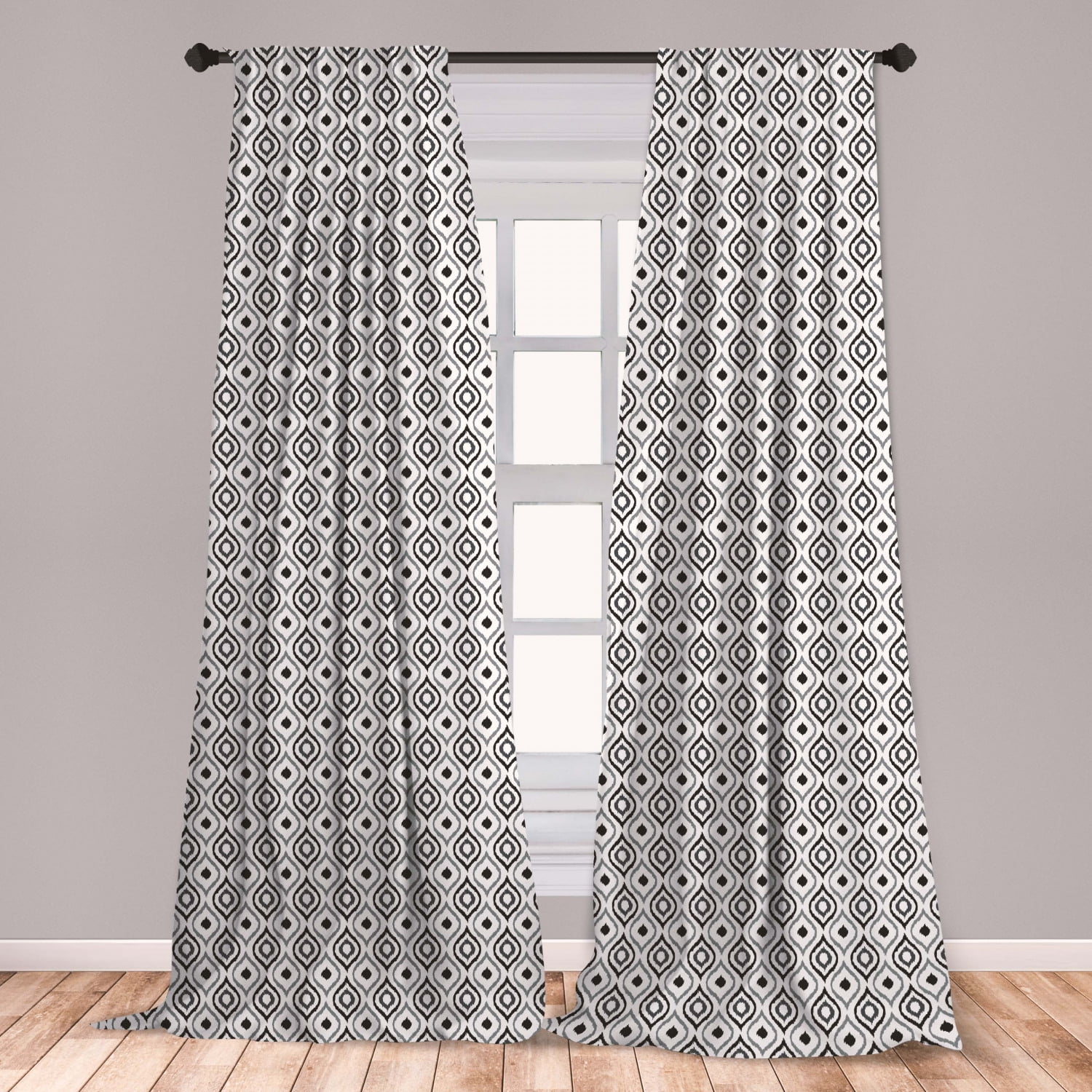 Peacock Curtains 2 Panels Set Greyscale Tones Bird Feather Pattern Hand Drawn Motifs