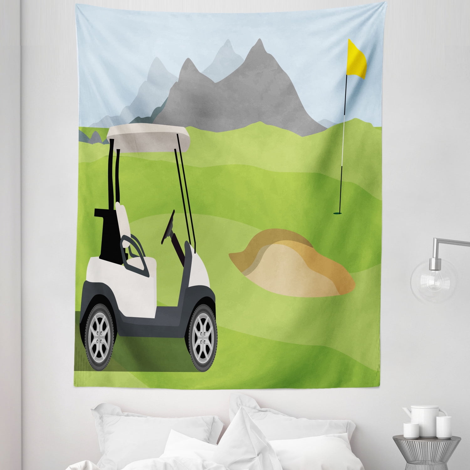 Golf Course Scene Tapestry, Cartoonish Golf Club Themed Mountains ...