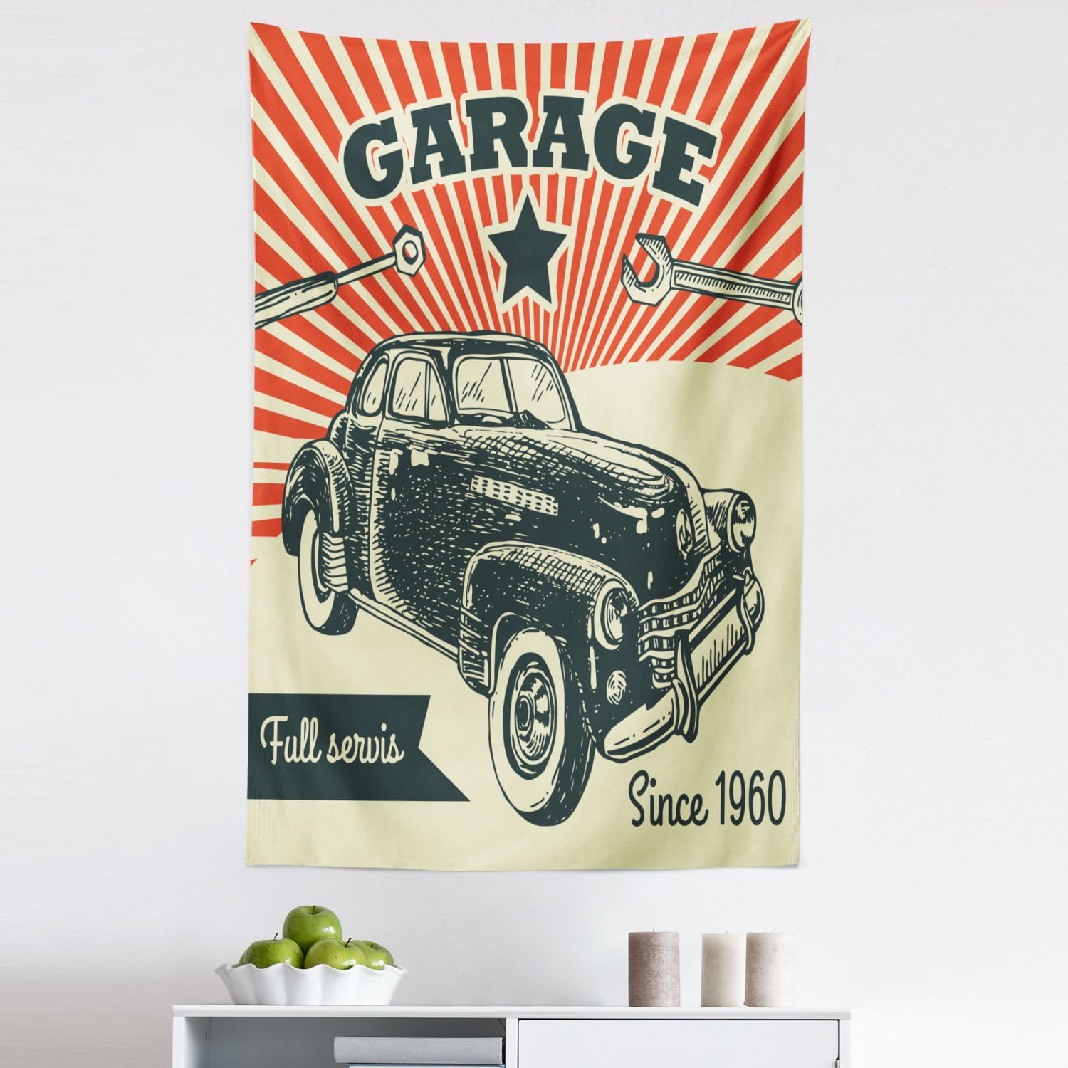 Vintage Tapestry, Retro Car and Garage Advertising Poster Style Picture ...