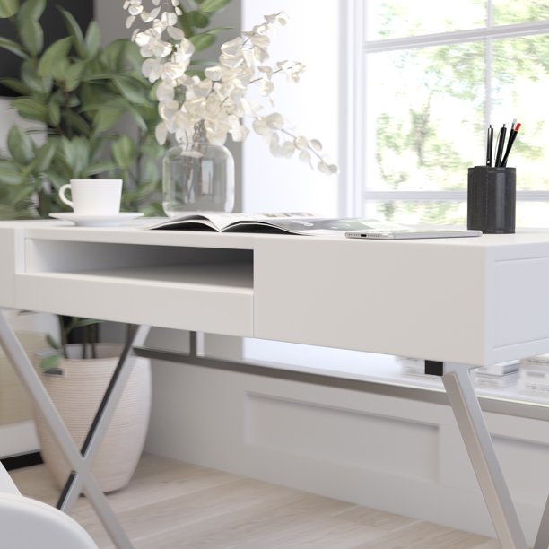 Merrick Lane Computer Desk Contemporary Granite White Writing Desk with ...