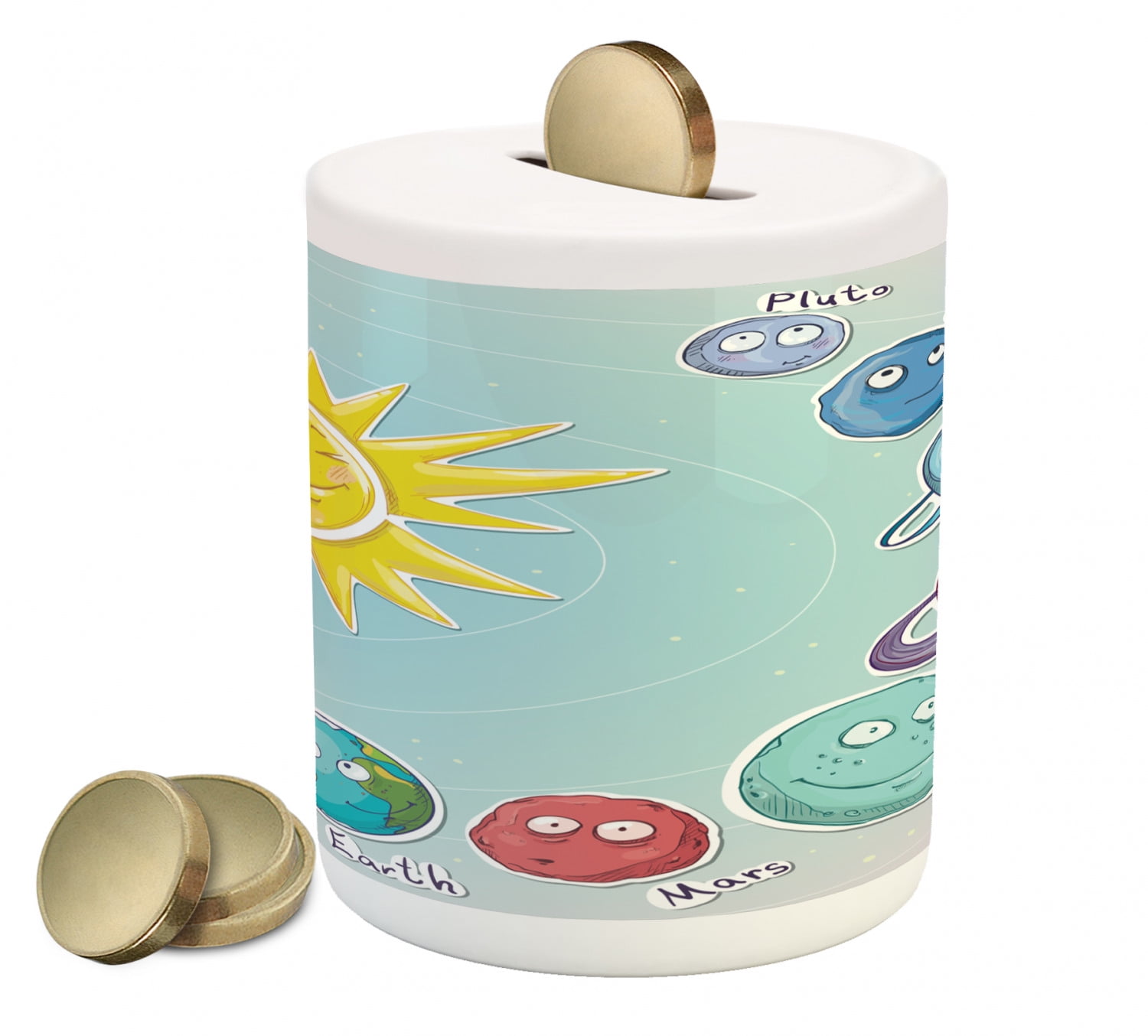 Space Piggy Bank, Cartoon Sun Planets of Solar System Fun Celestial ...