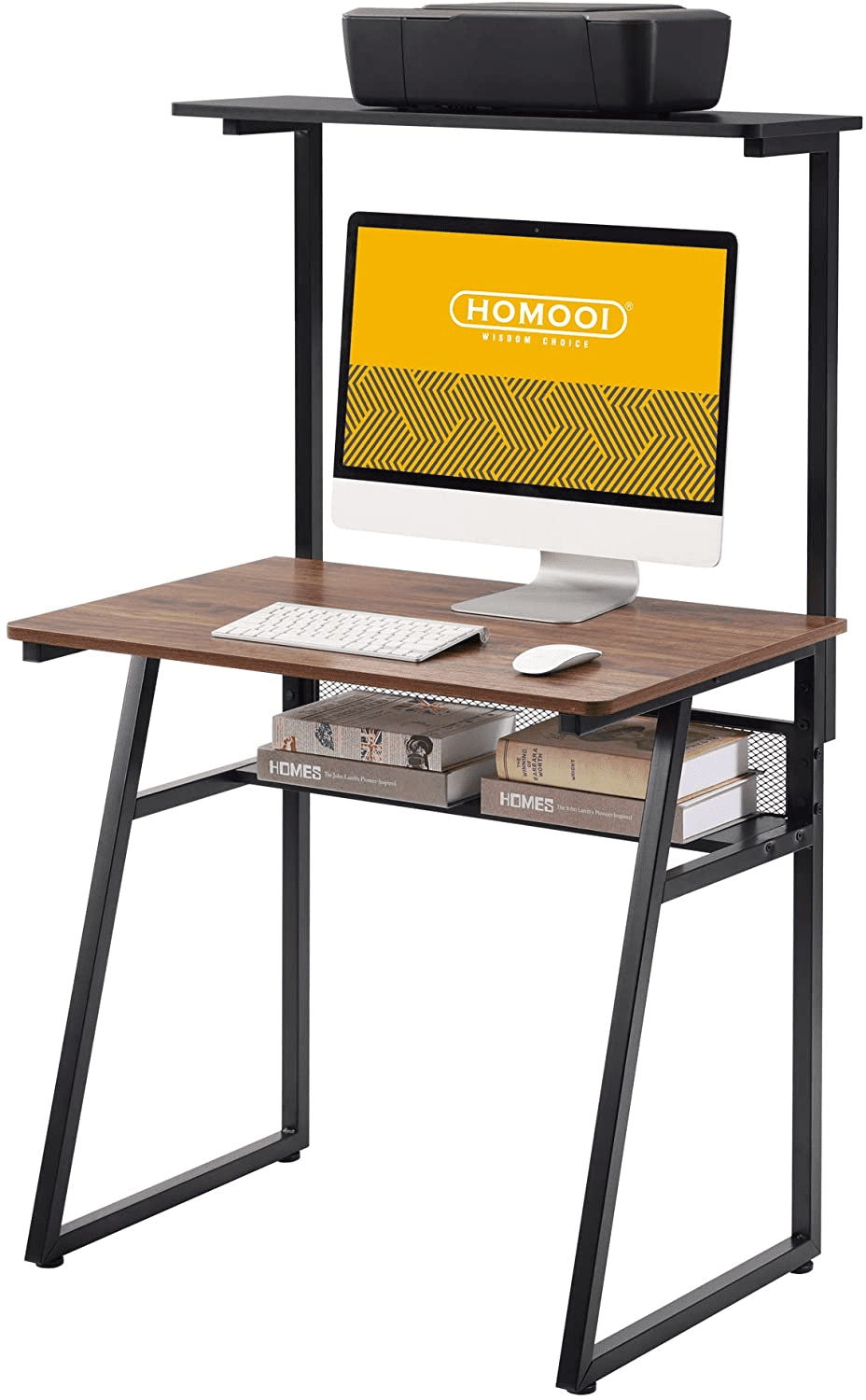 HOMOOI Height Adjustable Computer Desk with Printer Shelf and Bookshelf ...