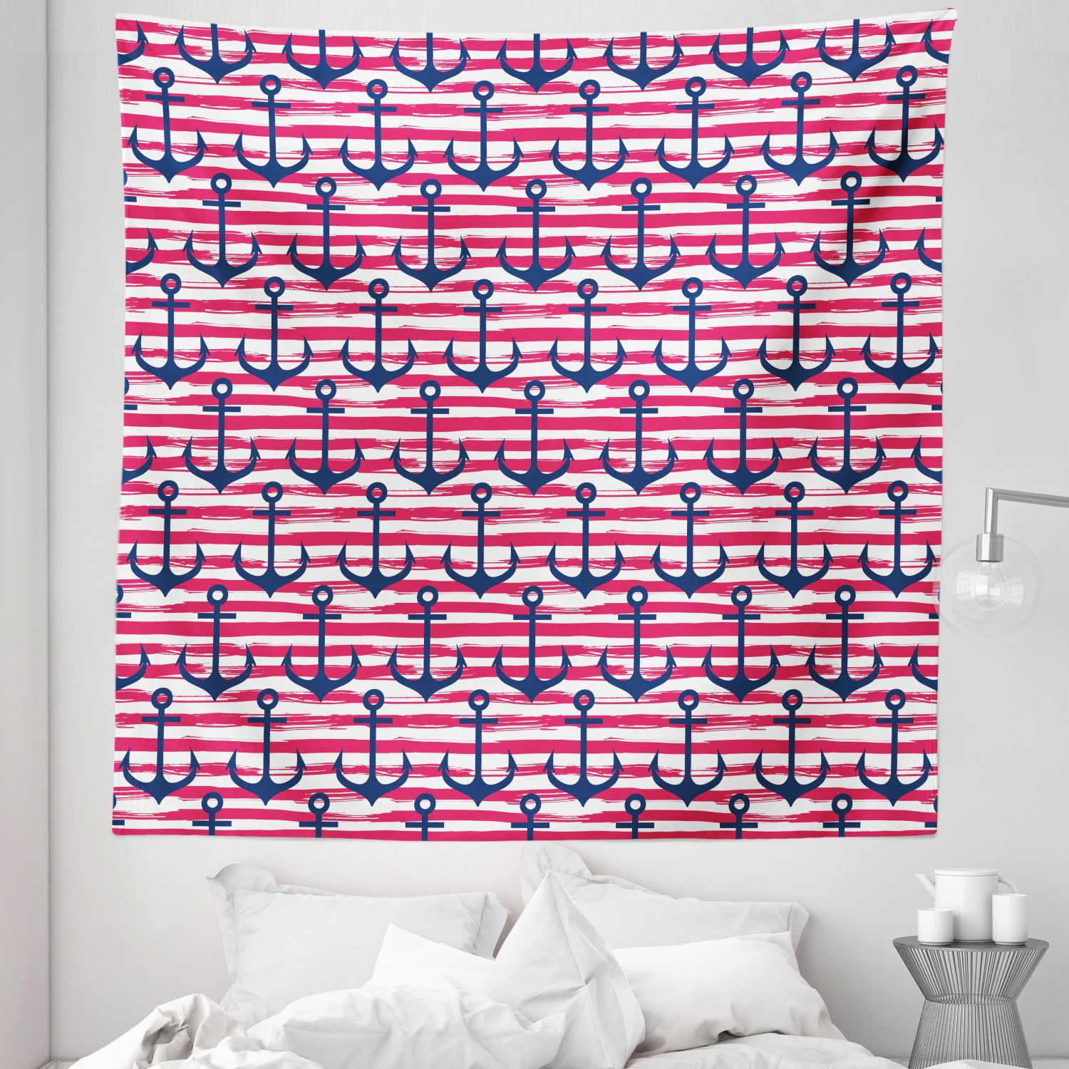 Harbour Stripe Tapestry, Blue Anchors on Horizontal Paintbrush Stripes ...