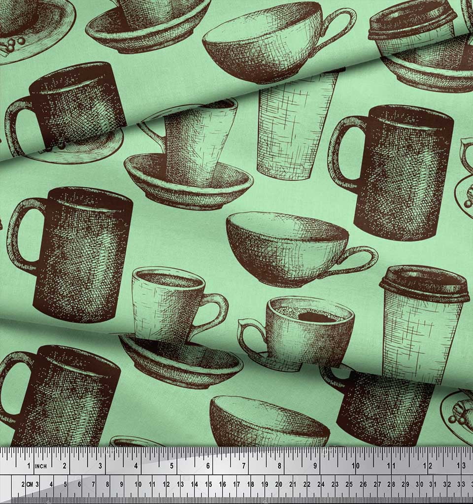 Soimoi Satin Silk Fabric Tea & Coffee Cups Printed Craft Fabric by the ...