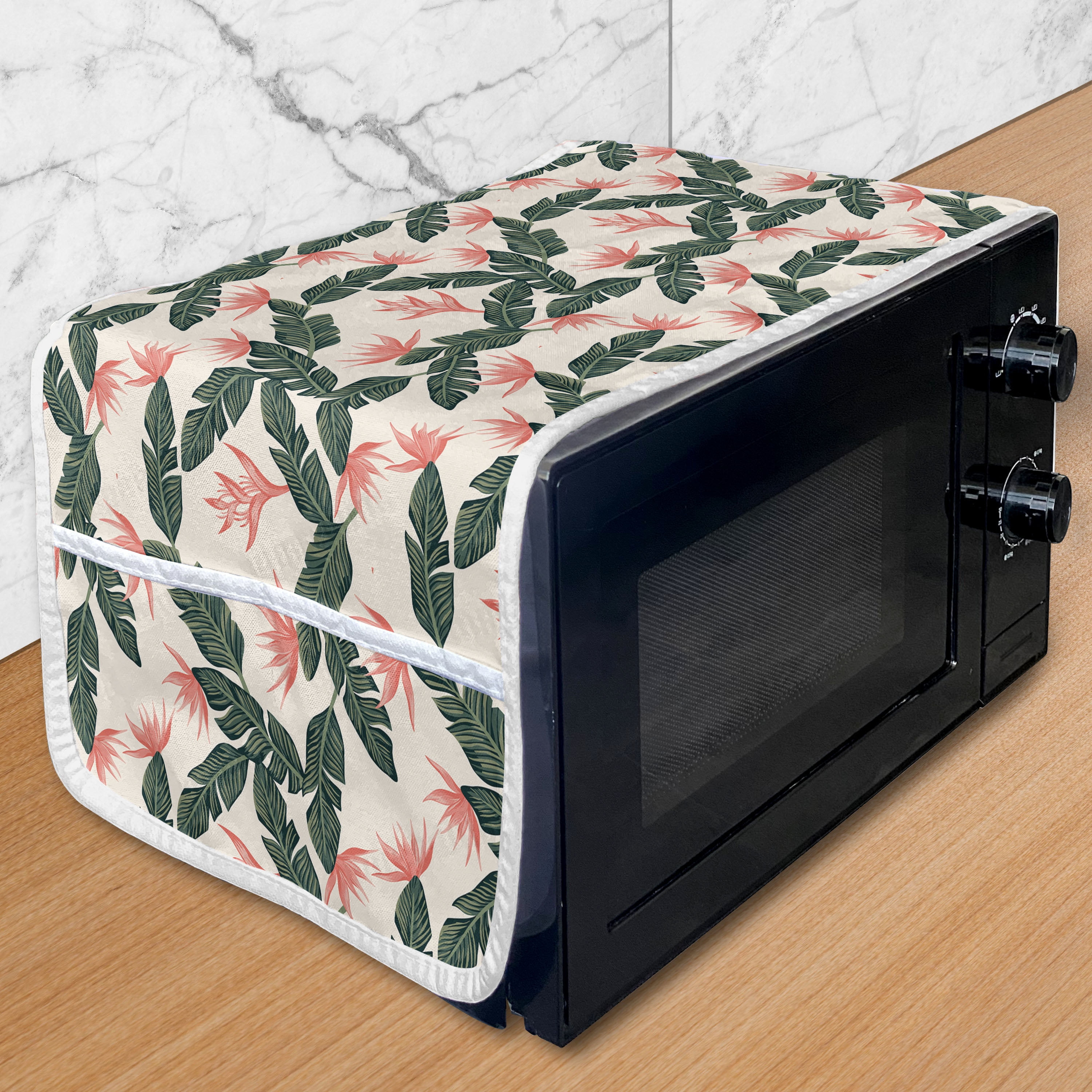 Jungle Microwave Oven Cover, Retro Style Island Nature Pattern with Leaves Bird of Paradise ...