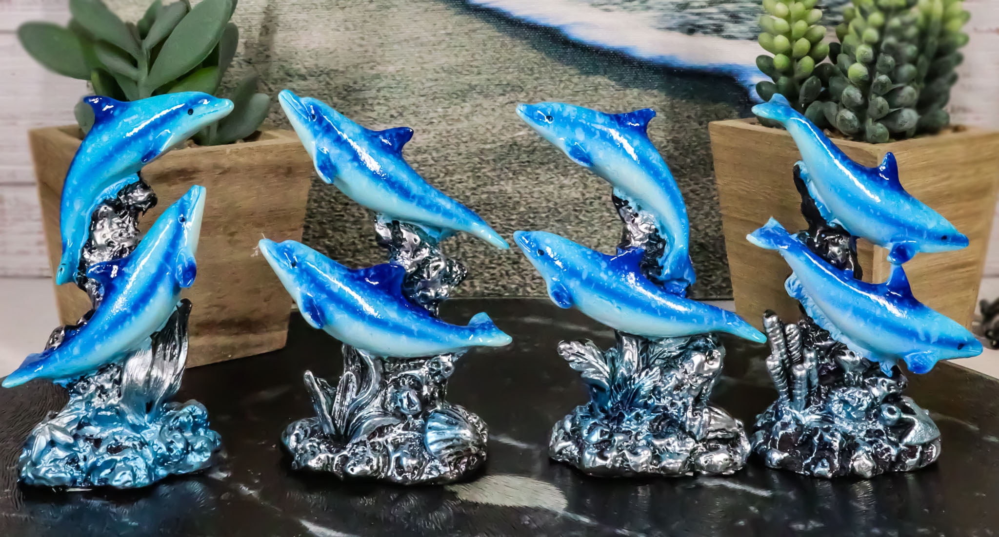 Pack Of 4 Marine Sea Blue Dolphins Swimming By Waves And Coral Reef ...