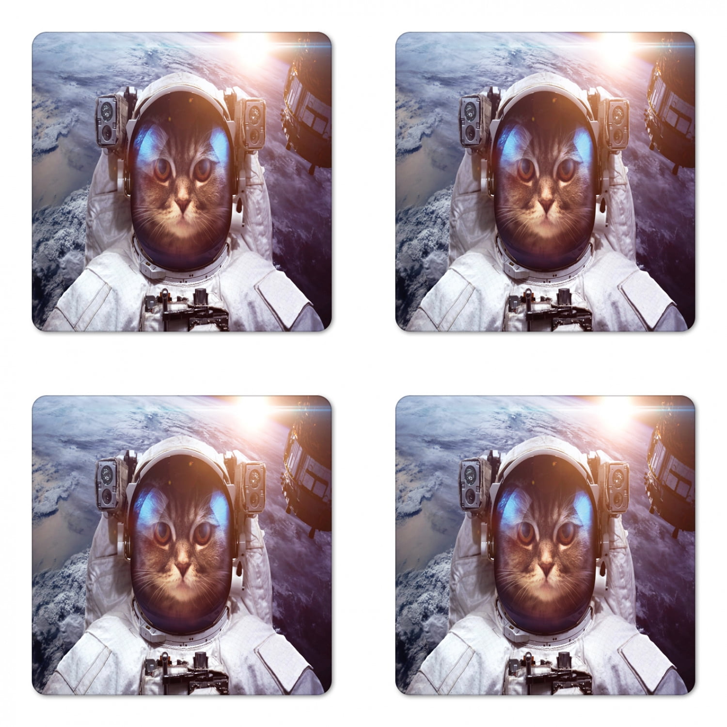 Space Cat Coaster Set of 4, Astrounaut Cosmonaut Cat in Suit with Space ...
