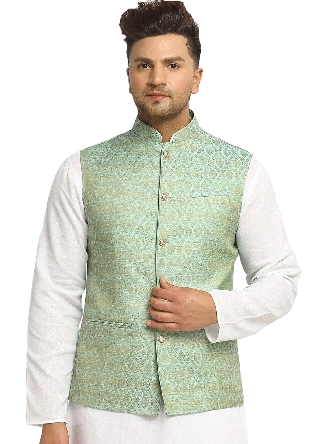 Men Designers Sea Green & Gold Nehru Jacket Indian Traditional ...